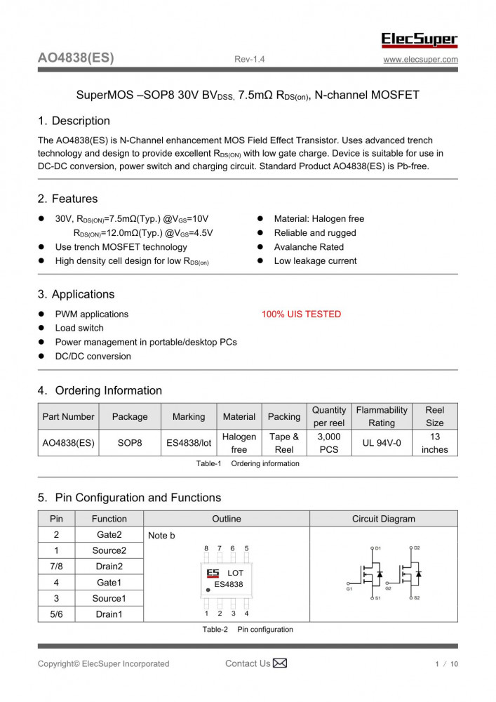 AO4838(ES) datasheet page 1