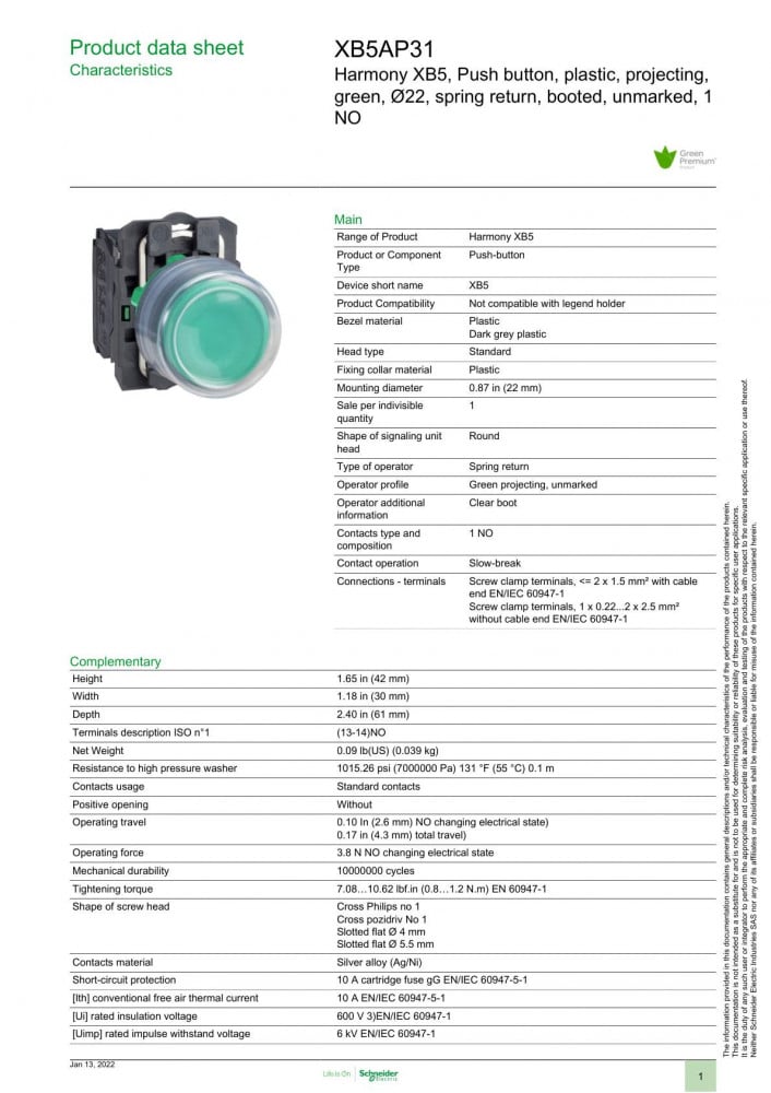 XB5AP31 technical document page 1