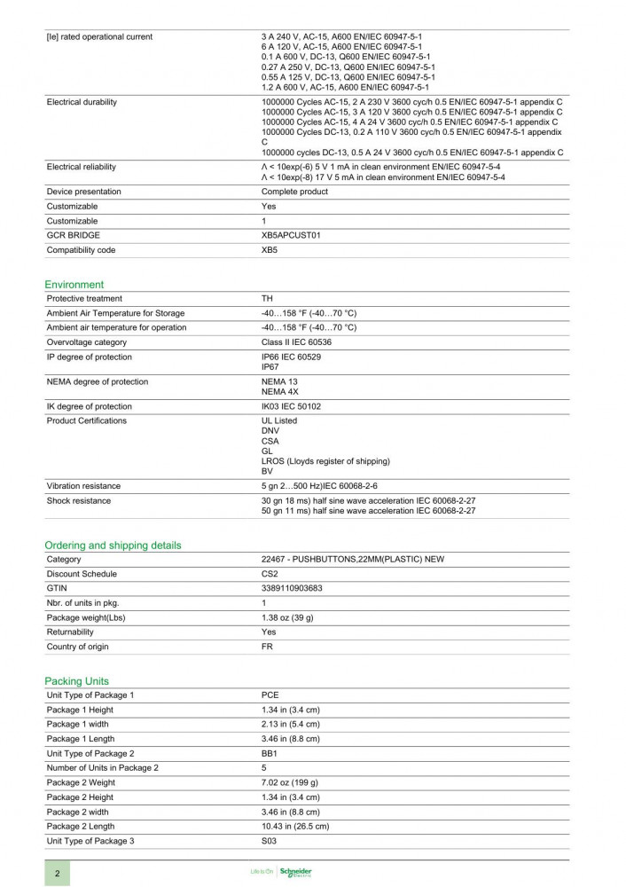 XB5AP31 technical document page 2