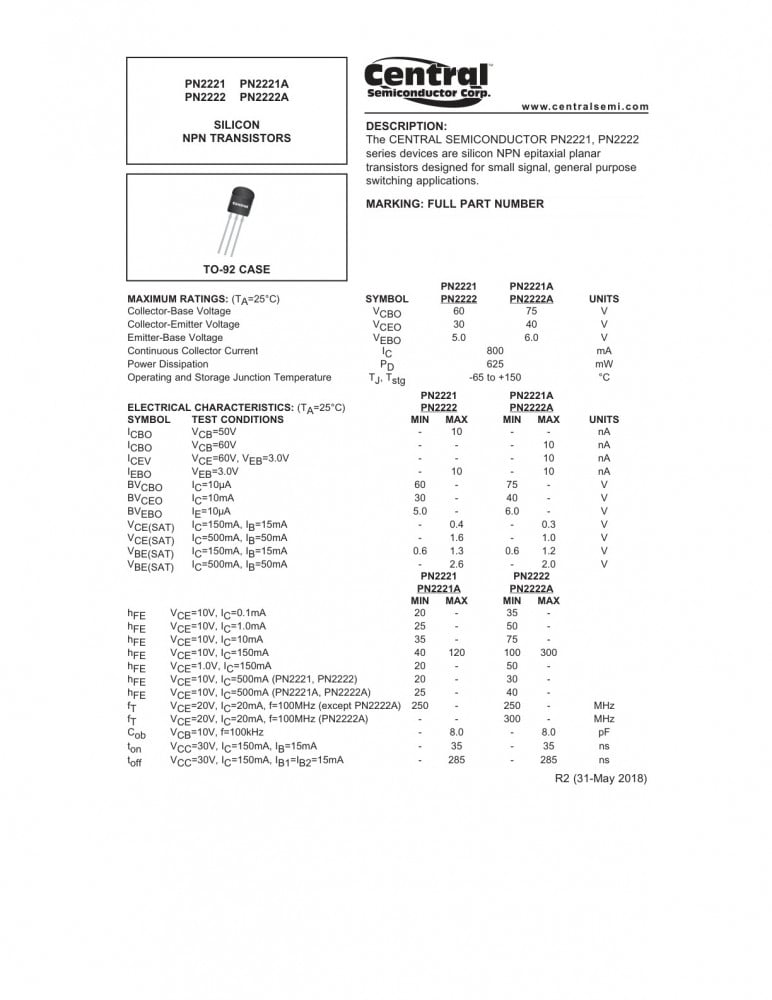 Central PN2222A PBFREE datasheet electrical characteristics