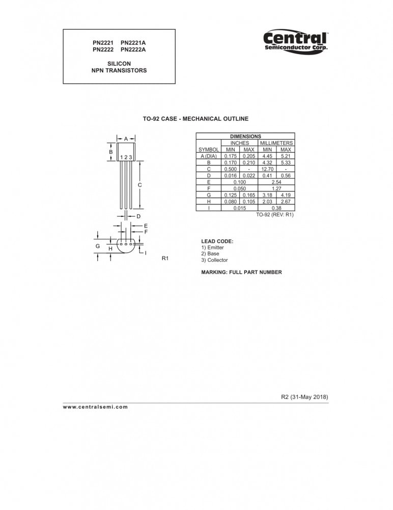 Central PN2222A PBFREE TO-92 mechanical outline