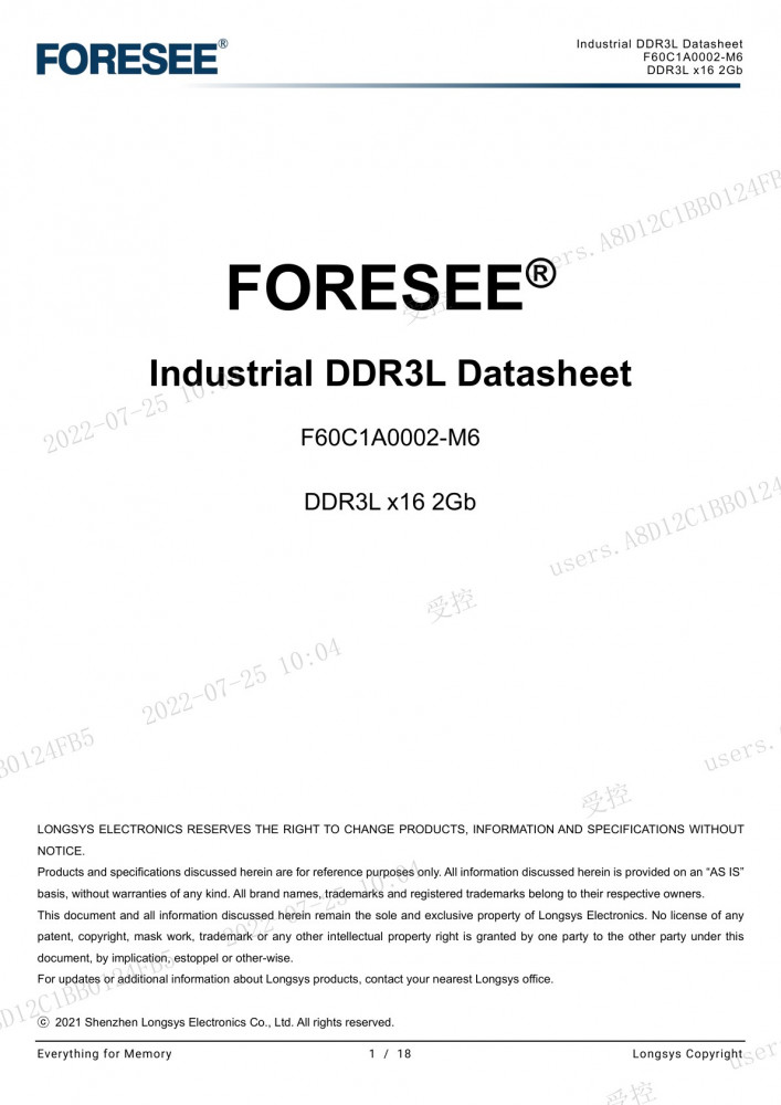 FORESEE DDR3L datasheet page 1