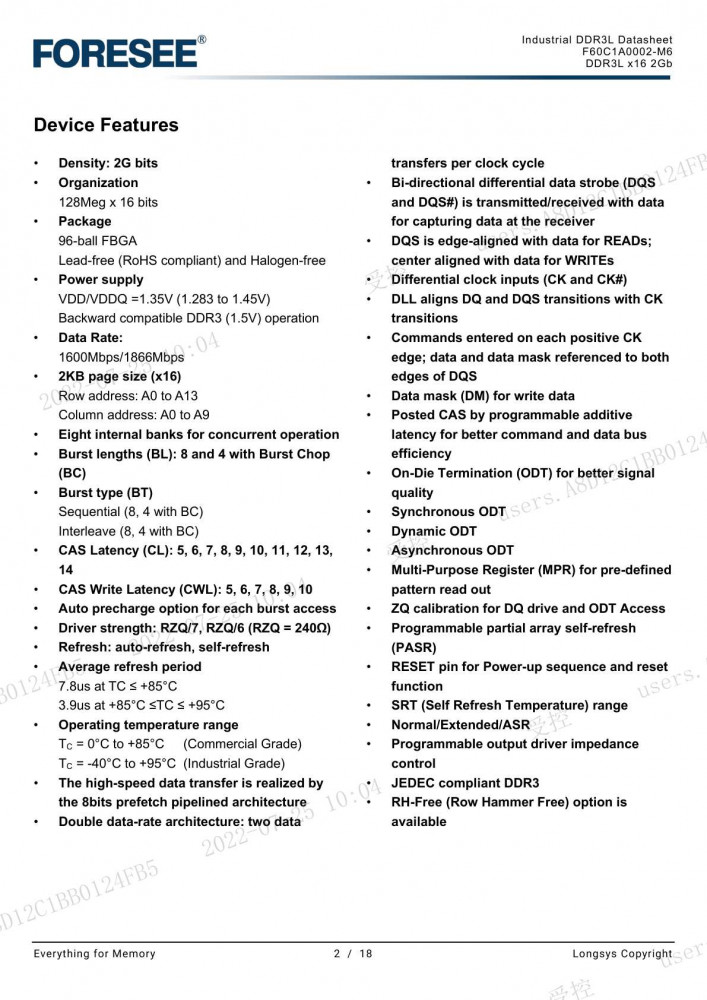 FORESEE DDR3L datasheet page 2