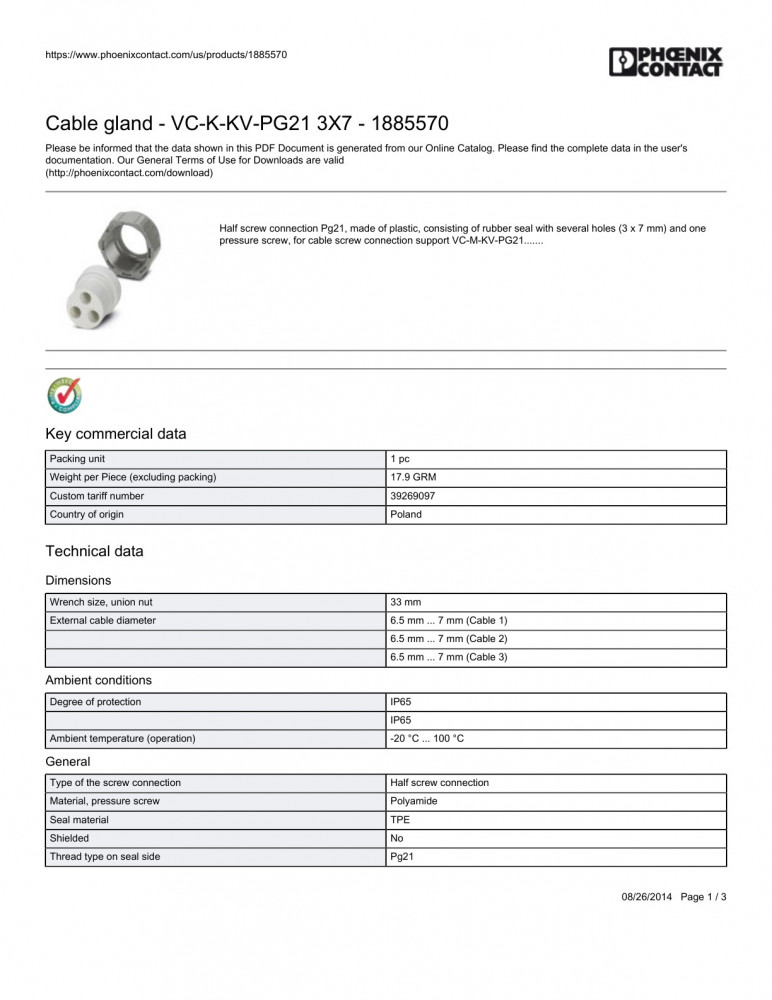 Phoenix Contact 1885570 product catalog page