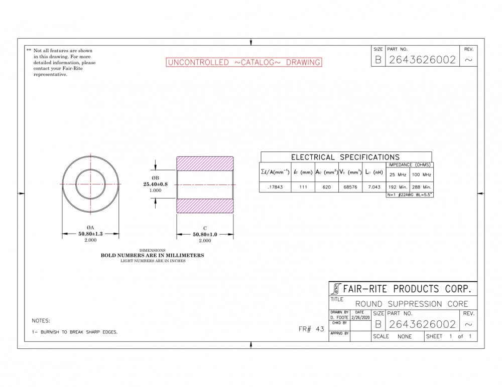 Fair-Rite 2643626002 round suppression core drawing