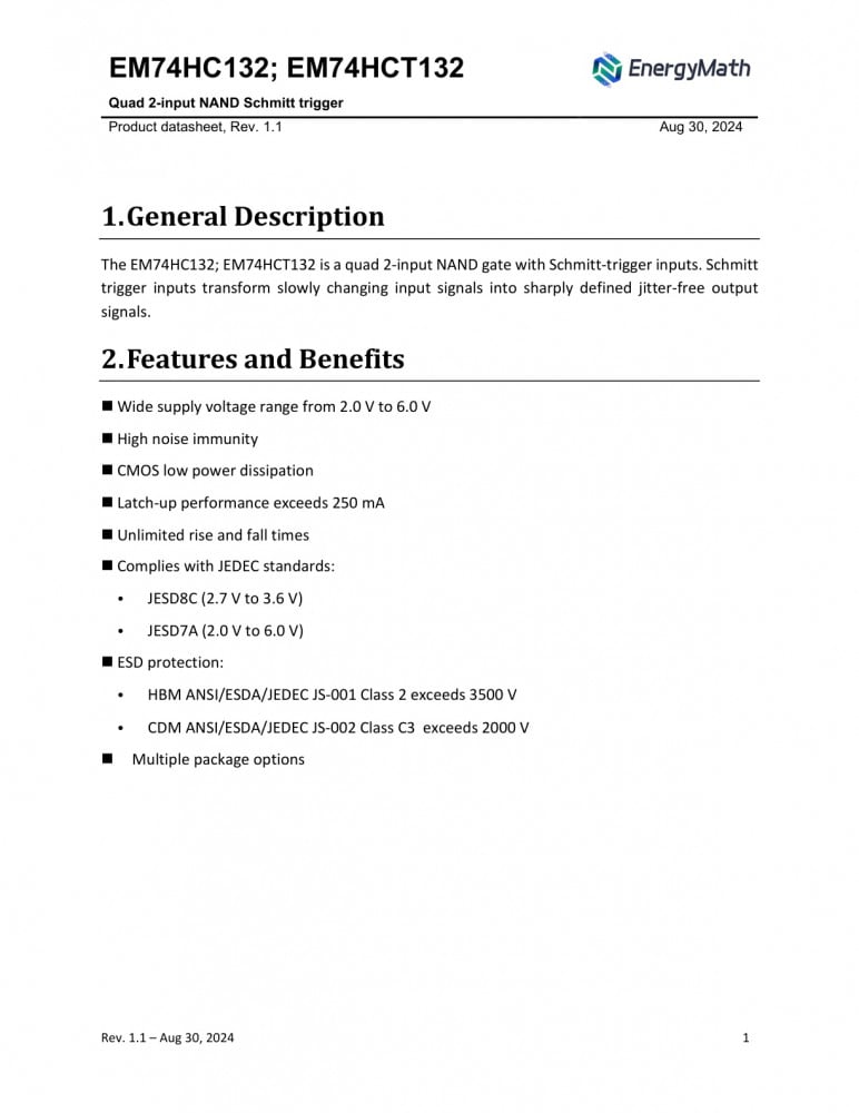 EM74HC132D datasheet page 1