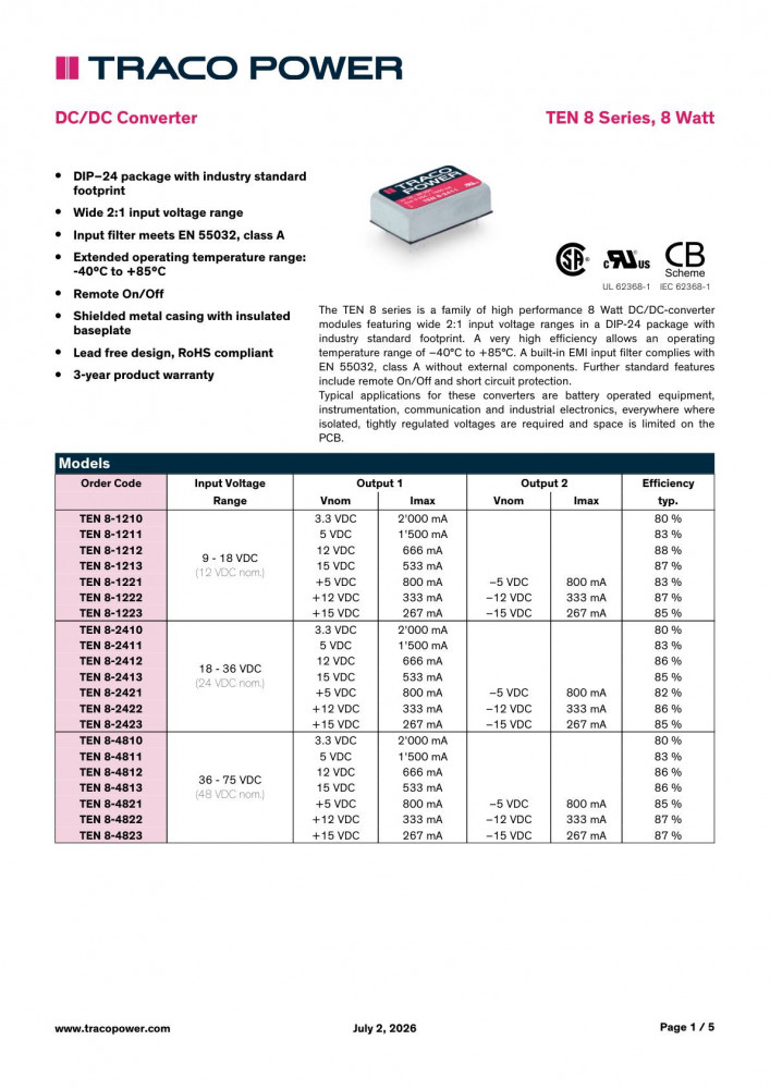 TEN 8 series technical document, page 1