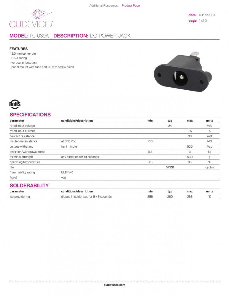 CUI PJ-039A technical document page 1