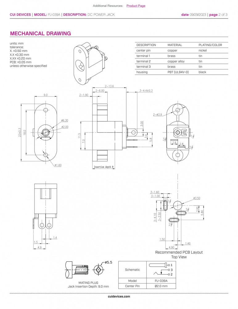 CUI PJ-039A technical document page 2