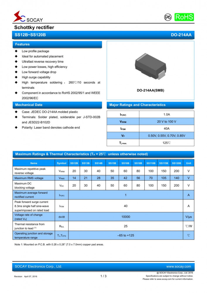 SOCAY SS15B datasheet page 1