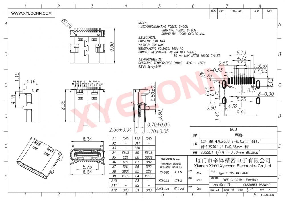 XYECONN TYPE-C-C04D-1TDWH100 manufacturer drawing page 1