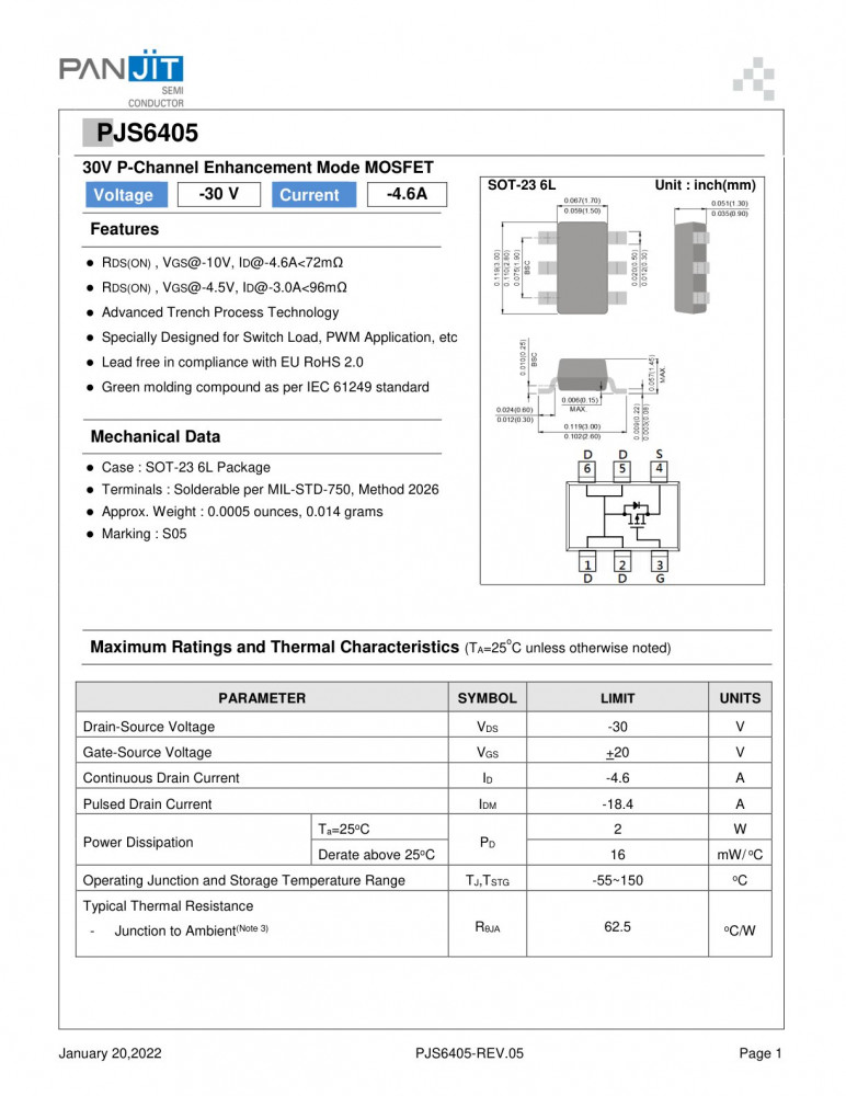 PJS6405 datasheet page 1