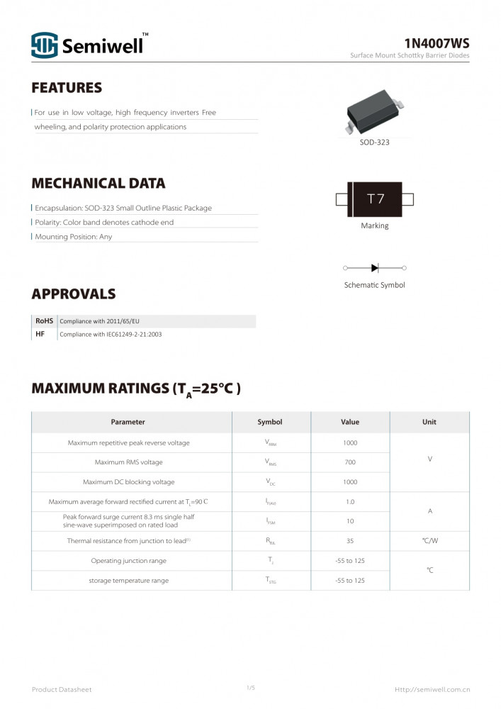 1N4007WS datasheet page 1