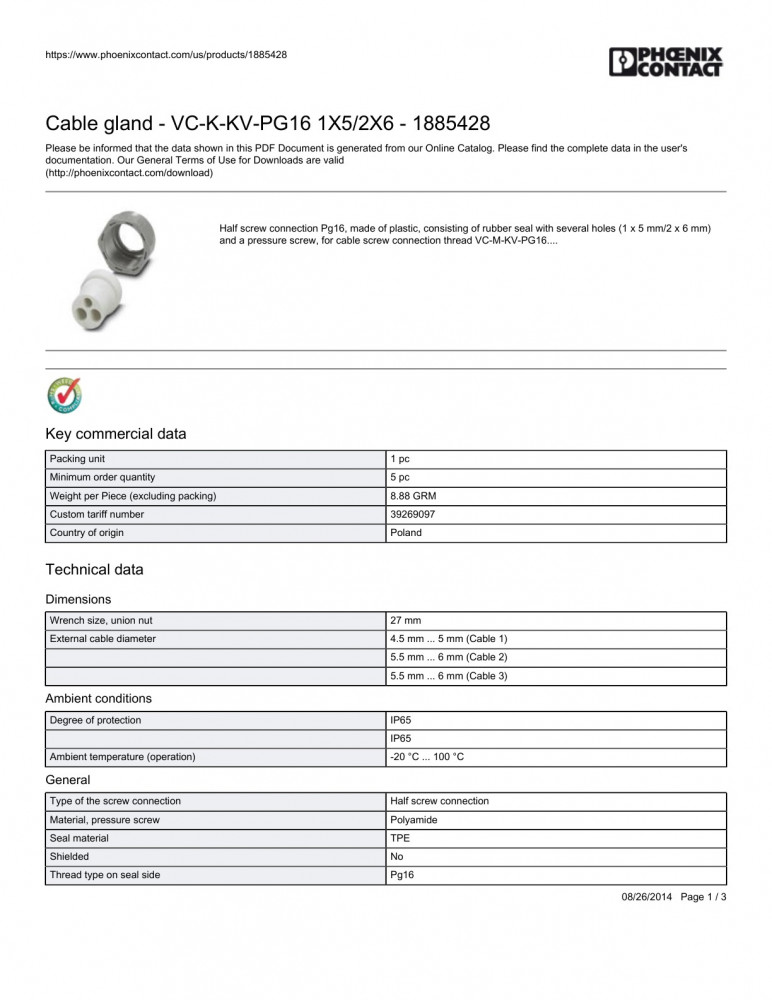 Phoenix Contact 1885428 product document page 1