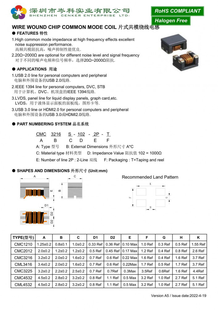 CENKER common mode coil datasheet page 1