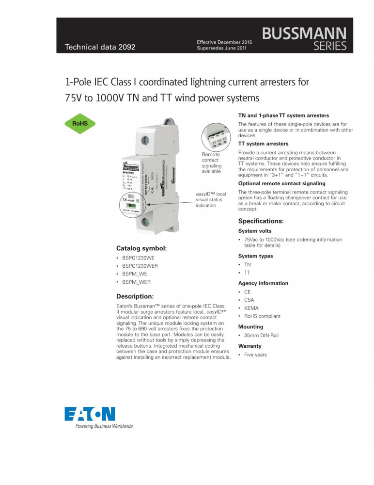 Eaton Bussmann surge arrester document page 1