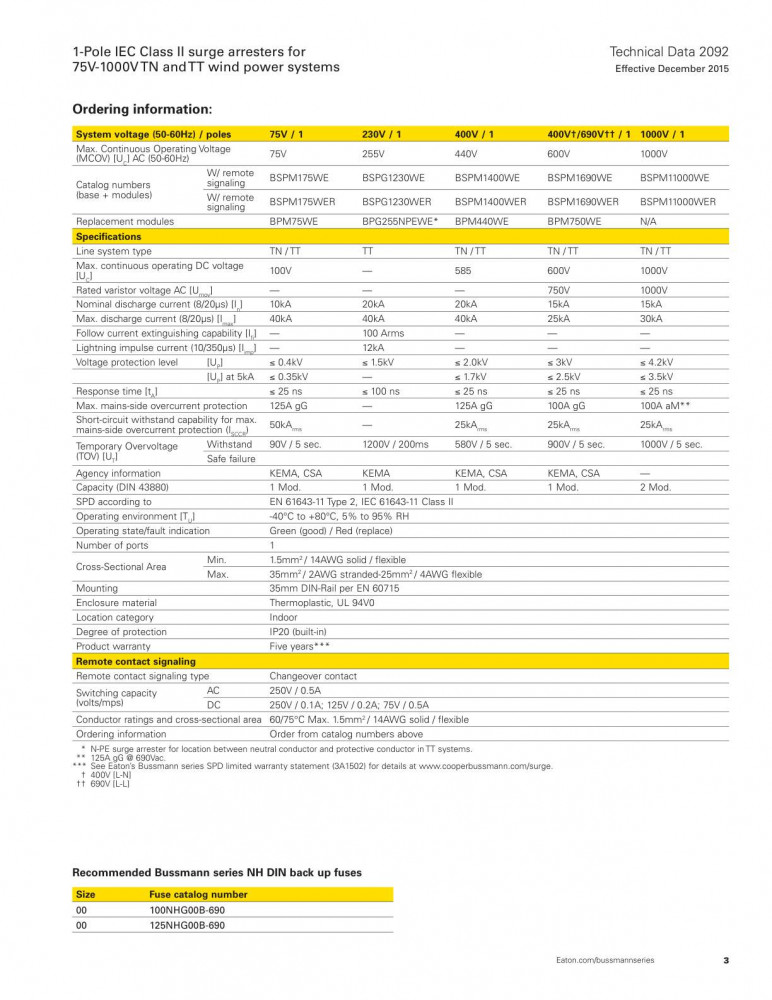 Eaton Bussmann surge arrester document page 3