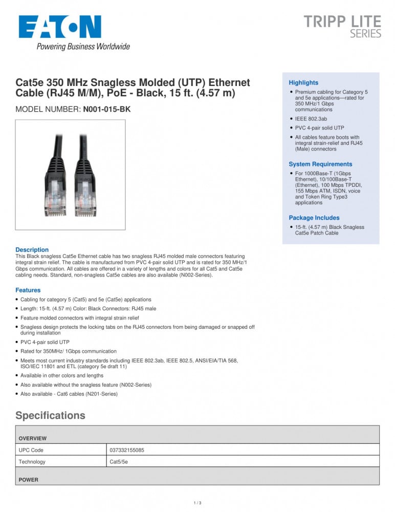 EATON N001-015-BK documentation page 1