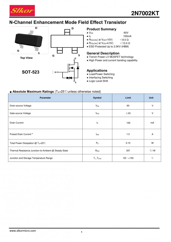2N7002KT datasheet page 1