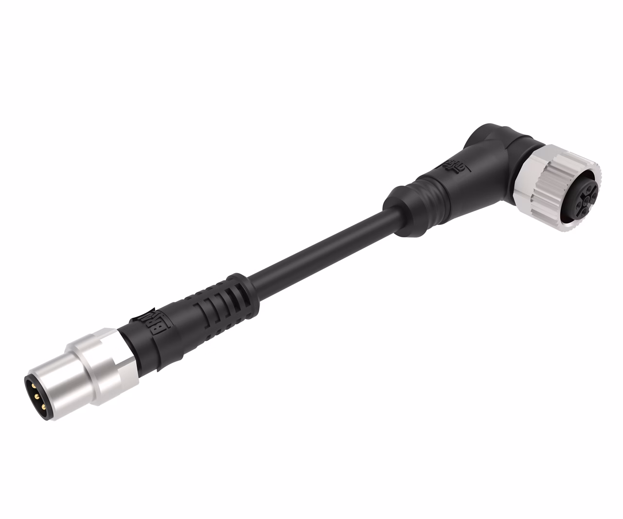 M12 Signal, A-Coded, Double-Ended Cordset, 4 Poles, Female (90°) to Male (Straight), 22 AWG, Yellow TPE Cable, 9.0m (29.53') Length