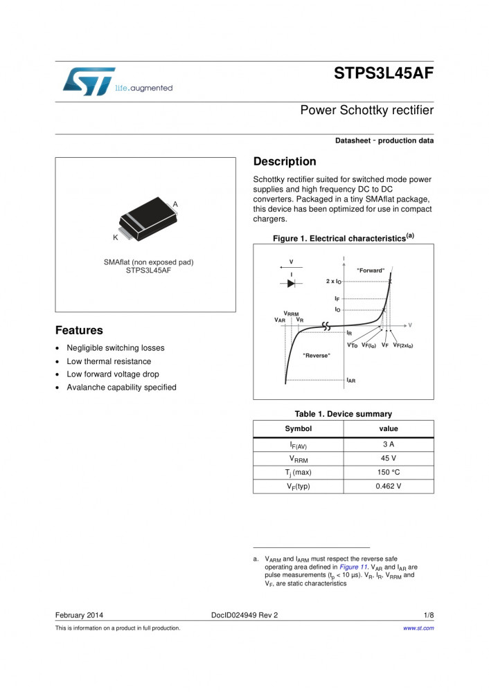 STPS3L45AF datasheet page 1