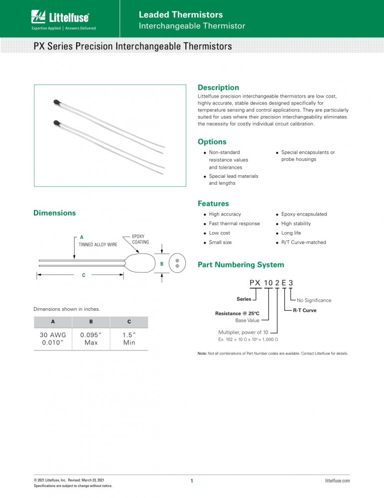 Littelfuse PX Series precision interchangeable thermistor documentation page 1