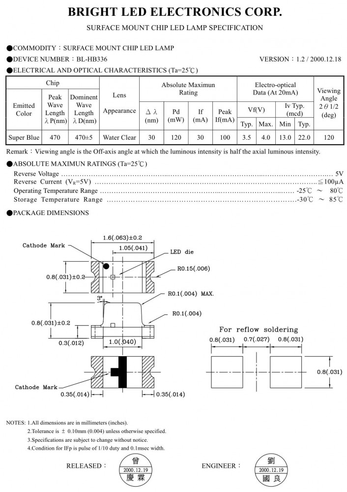 BL-HB336 LED specification document image, page 1