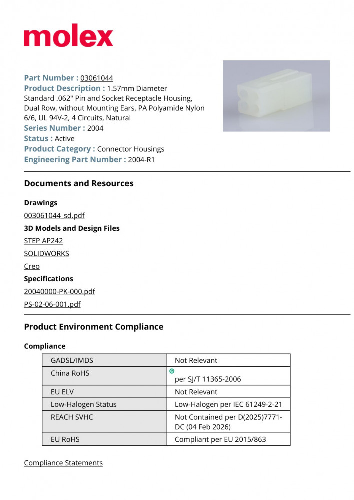 MOLEX .062 miniature terminal specification, page image 1