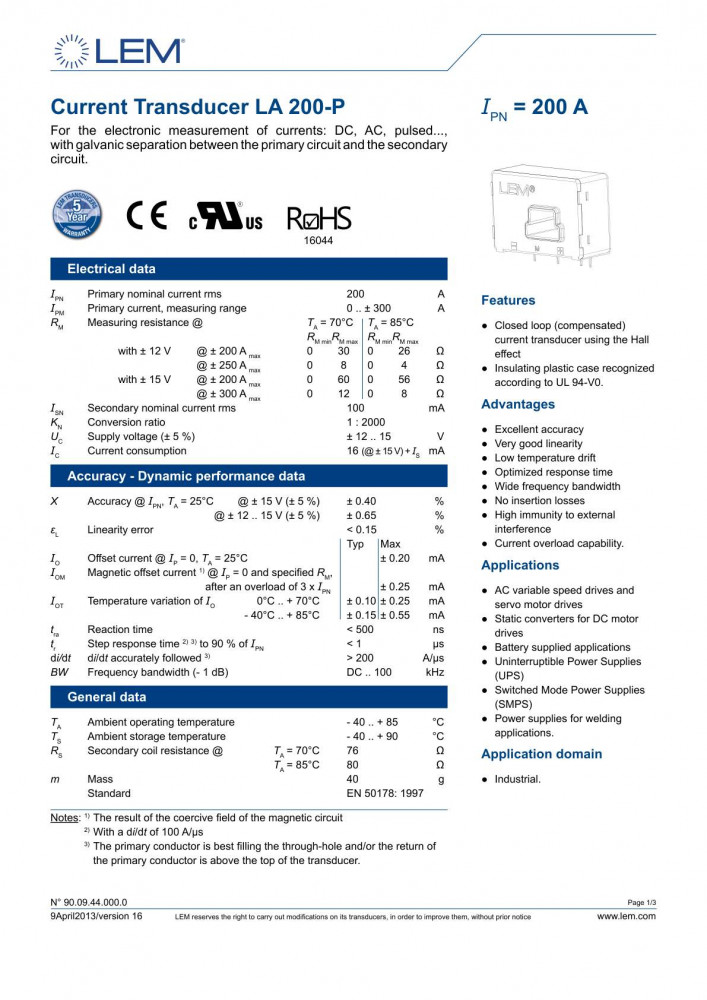 LEM LA200-P datasheet page 1