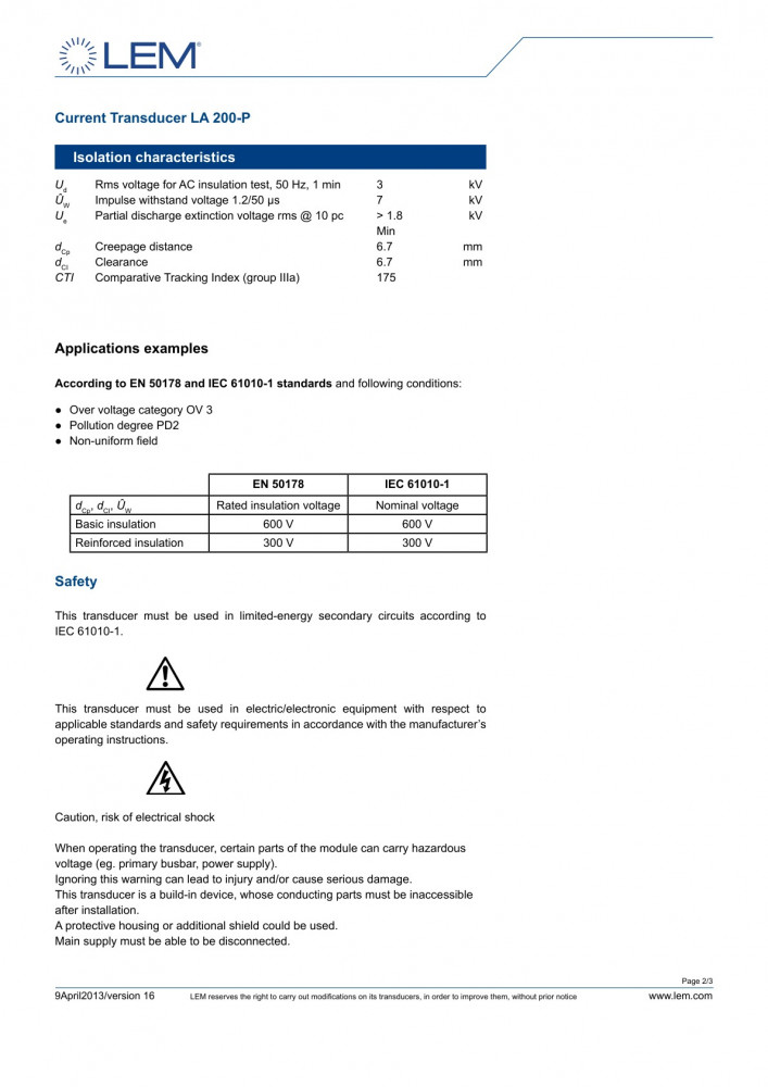 LEM LA200-P datasheet page 2