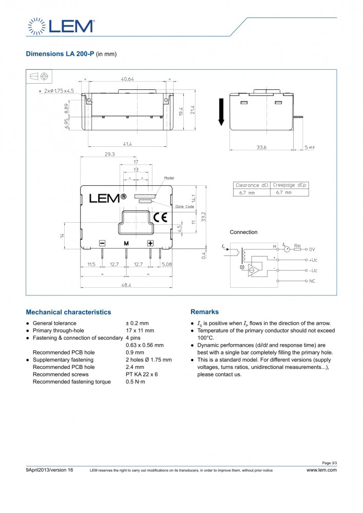 LEM LA200-P datasheet page 3