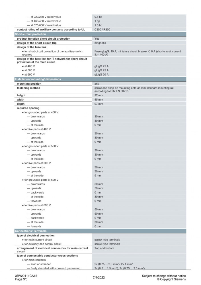 3RV20111CA15 datasheet page 3