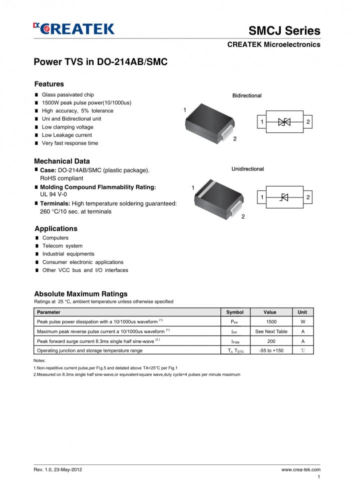 CREATEK SMCJ series datasheet page 1