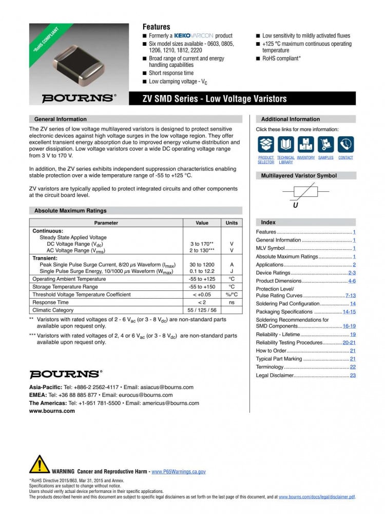 Bourns ZV series datasheet page 1