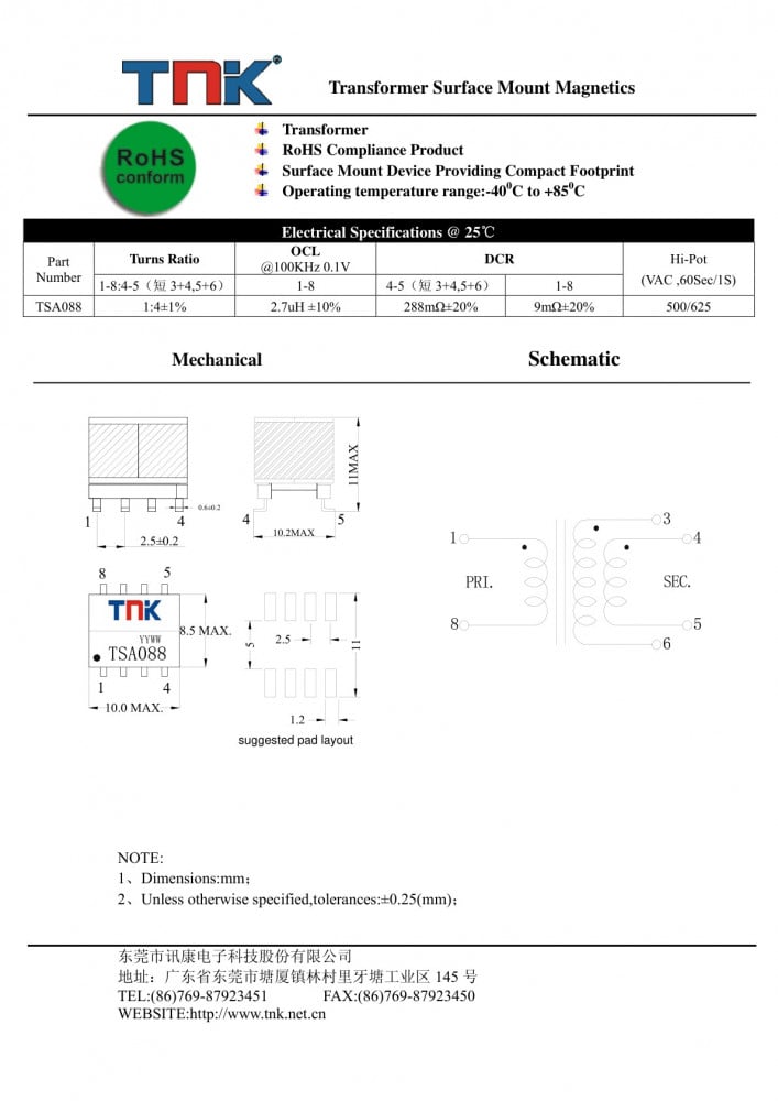 TSA088 technical documentation page