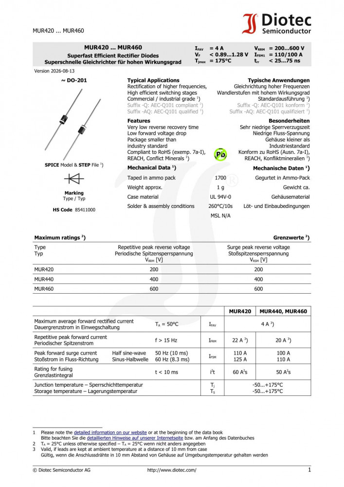 DIOTEC MUR420 datasheet page 1