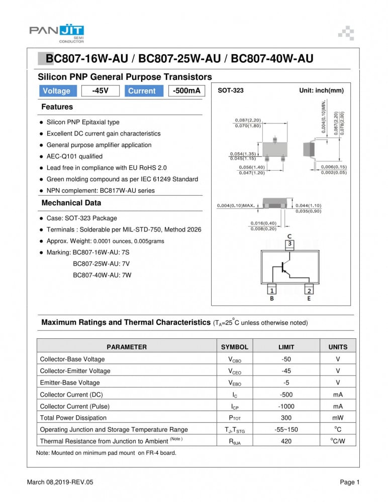 PANJIT BC807-40W-AU datasheet page 1