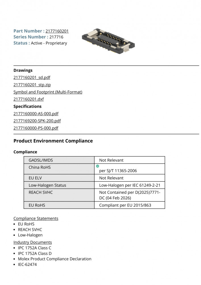 MOLEX 2177160201 technical document, page 1