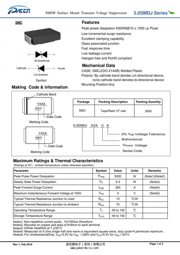PAKER 5.0SMDJ30CA datasheet page 1