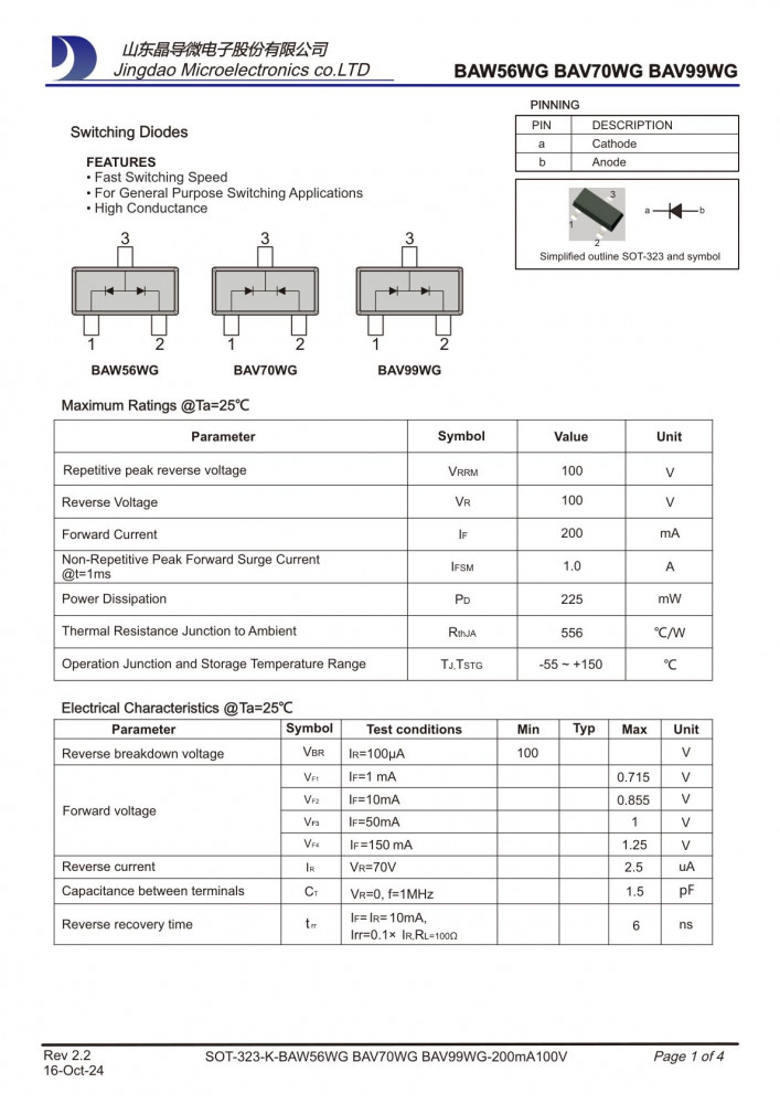 BAV70WG switching diode datasheet page 1