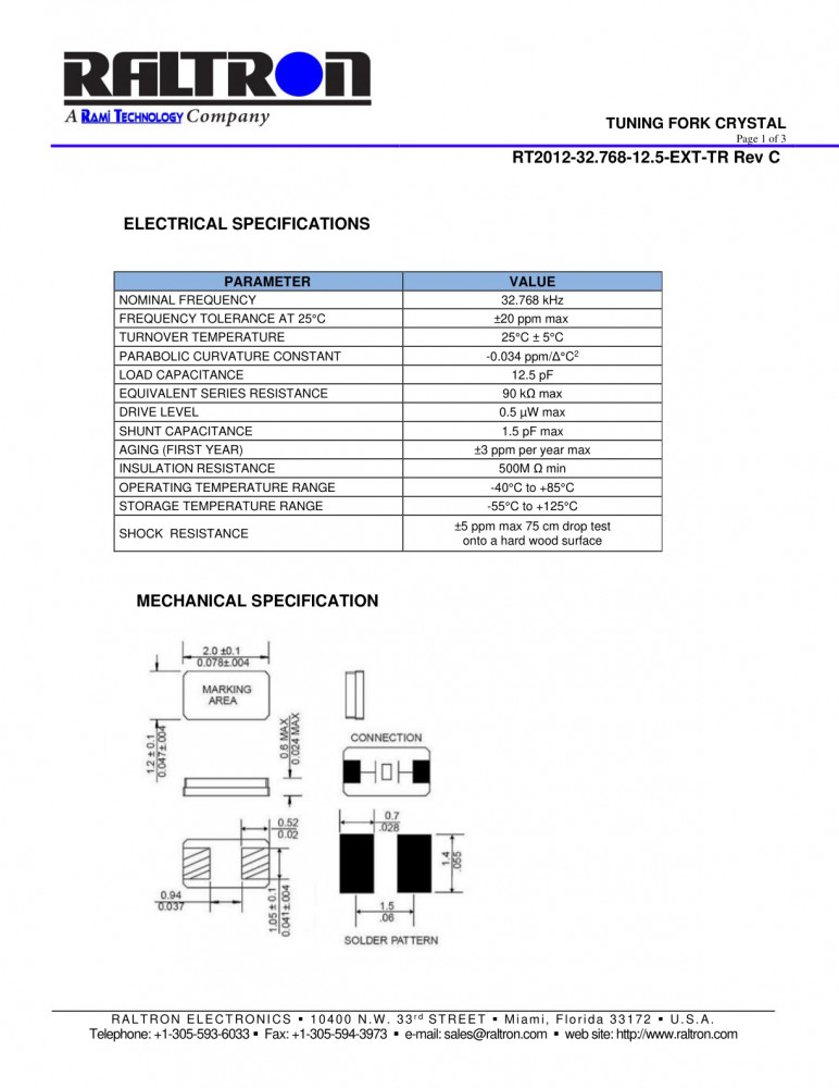 Raltron RT2012-32.768-12.5-EXT-TR datasheet page 1