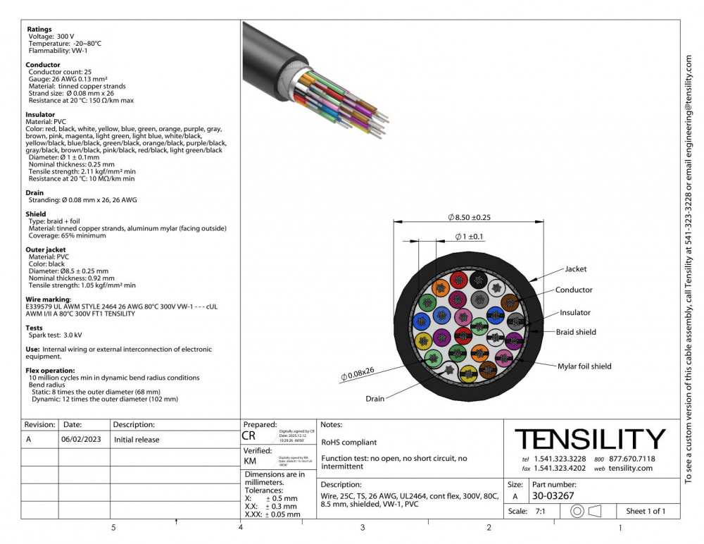 Tensility International 30-03267 product drawing showing cable construction and specifications