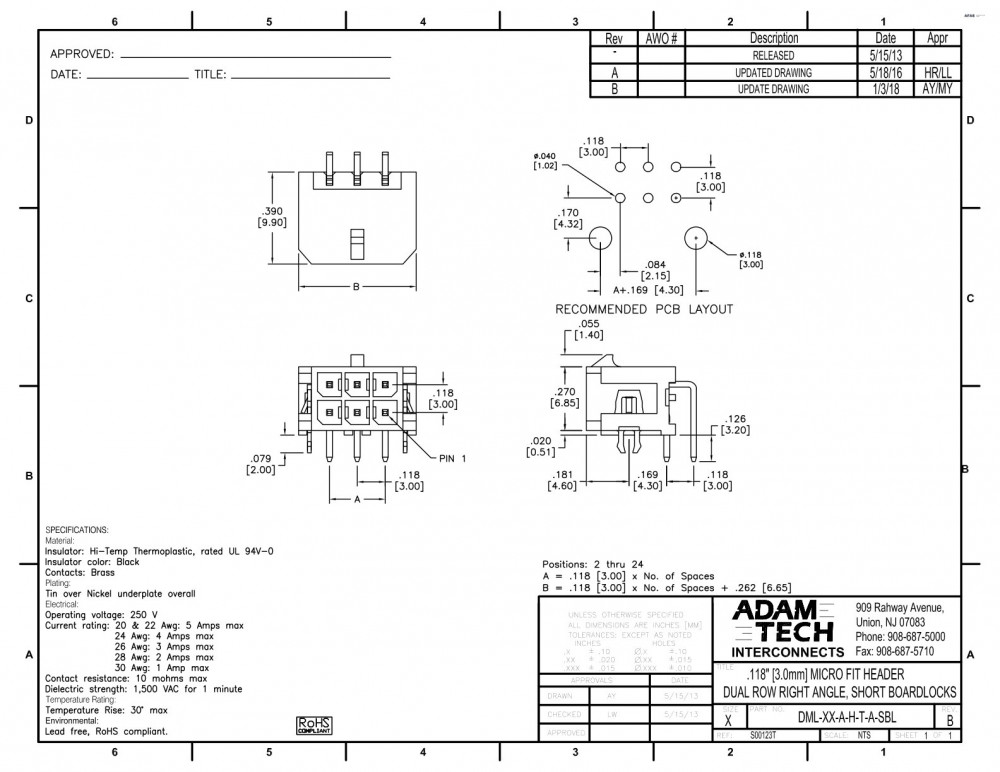 ADAM TECH DML-12-A-H-T-A-SBL technical drawing and recommended PCB layout