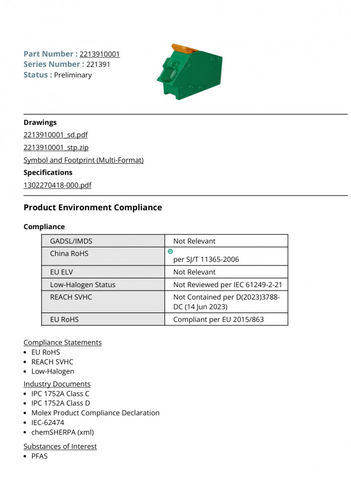 MOLEX 2213910001 technical drawing page 1