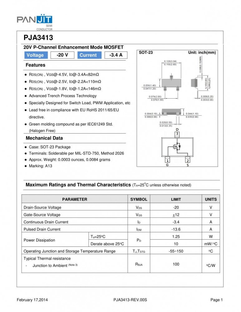 PJA3413 datasheet page 1
