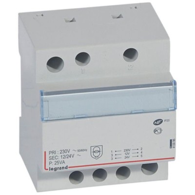 Safety transformer - 230V / 12V or 24V - 63VA - Short-circuit and overload protected - Modular 5-width rail or surface mounting
