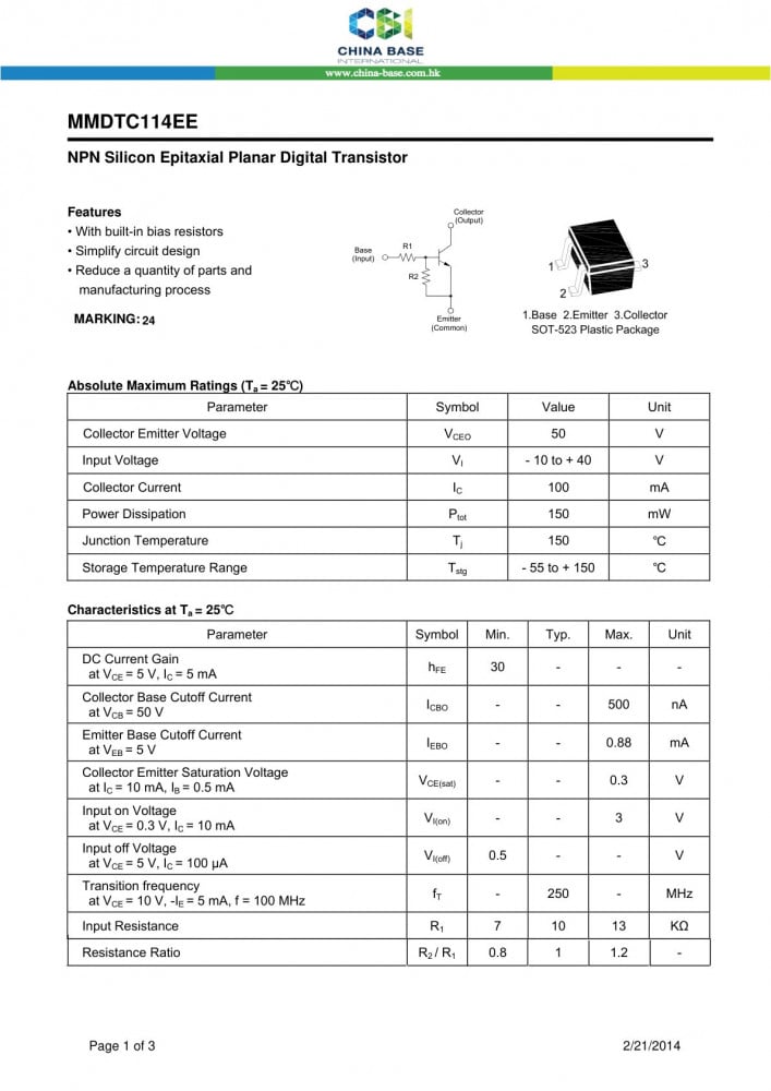 DTC114EE technical document page 1