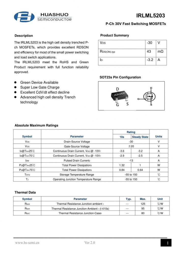 IRLML5203 datasheet page 1