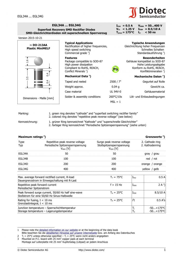 DIOTEC EGL34D datasheet page 1