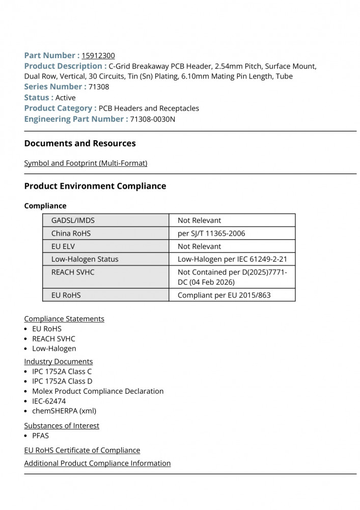 Technical document page 1 for MOLEX 15912300